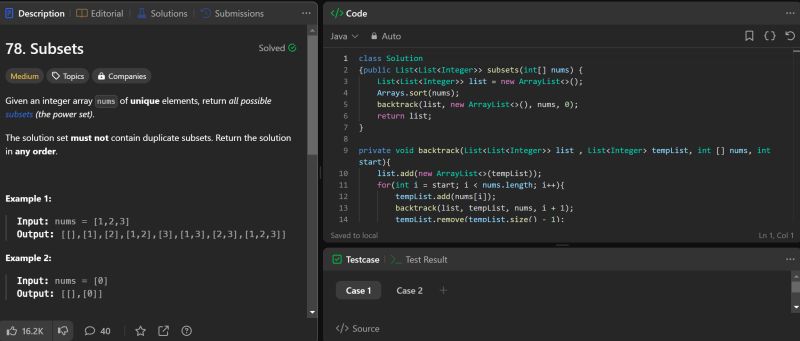 Resolved LeetCode problem 78: Subsets | Anay Verma posted on the topic ... Resolved LeetCode problem 78: Subsets | Anay Verma posted on the topic ...