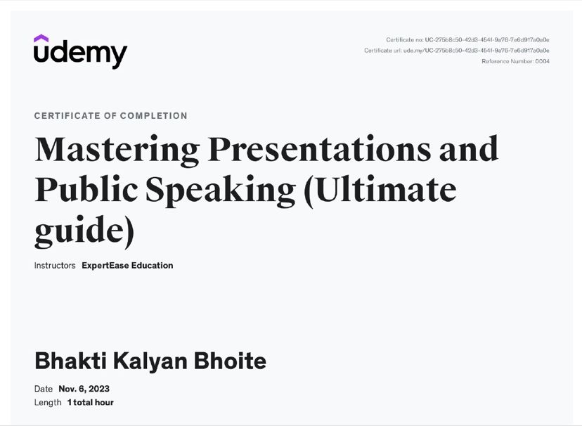 Earned Udemy certificate for public speaking skills | Bhakti Bhoite ... Earned Udemy certificate for public speaking skills | Bhakti Bhoite ...