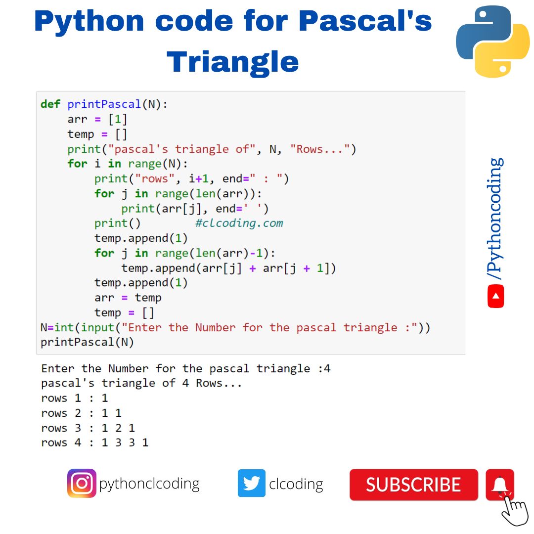 Python Coding on LinkedIn: Python code for Pascal's Triangle Python Coding on LinkedIn: Python code for Pascal's Triangle