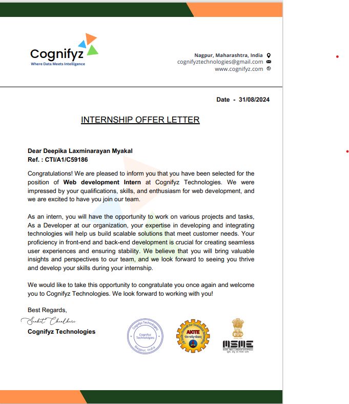 Deepika Myakal on LinkedIn: #cognifyztechnologies #internship #intern # ... Deepika Myakal on LinkedIn: #cognifyztechnologies #internship #intern # ...