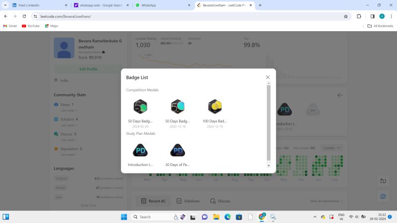 RamaVenkata Gowtham Bevara on LinkedIn: My LeetCode badges RamaVenkata Gowtham Bevara on LinkedIn: My LeetCode badges