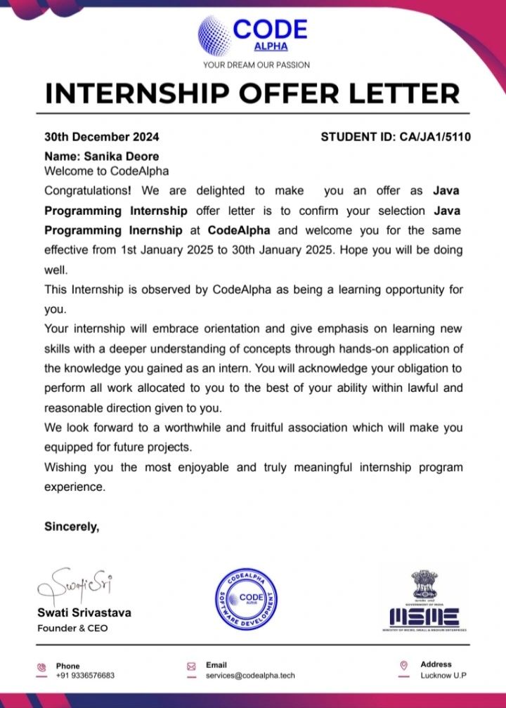 #javaprogramming #internship #codealpha #learningandgrowth | Sanika Deore #javaprogramming #internship #codealpha #learningandgrowth | Sanika Deore