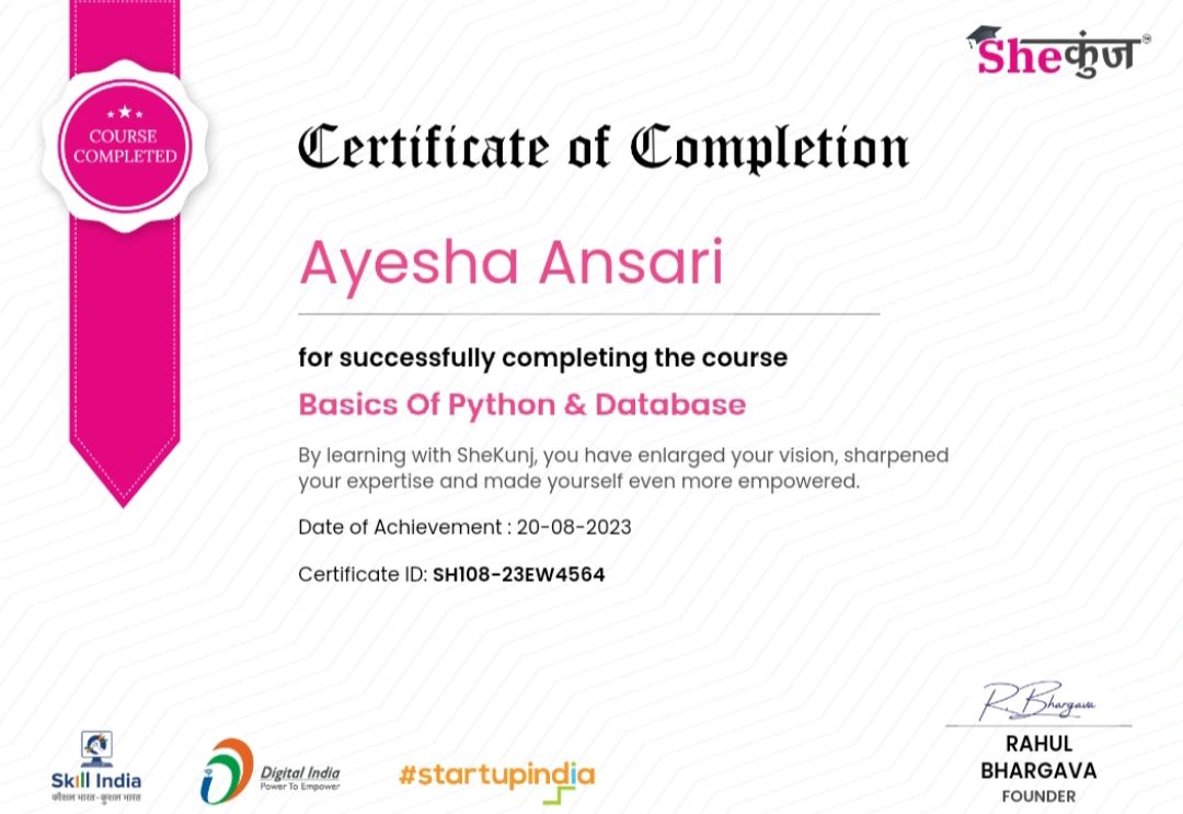 #python #database #certification | Ayesha Ansari #python #database #certification | Ayesha Ansari