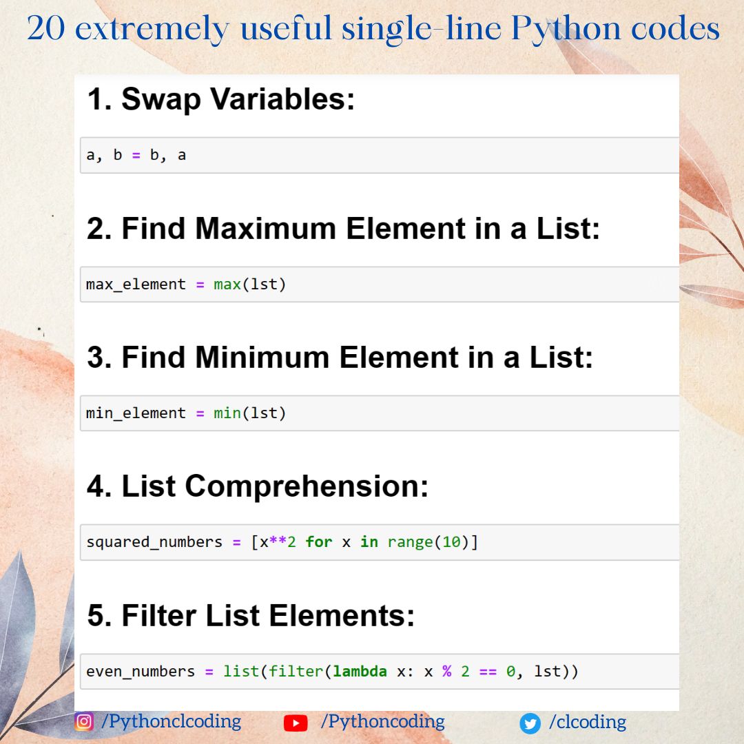 Python Coding on LinkedIn: 20 Extermely useful single line Python Codes ... Python Coding on LinkedIn: 20 Extermely useful single line Python Codes ...