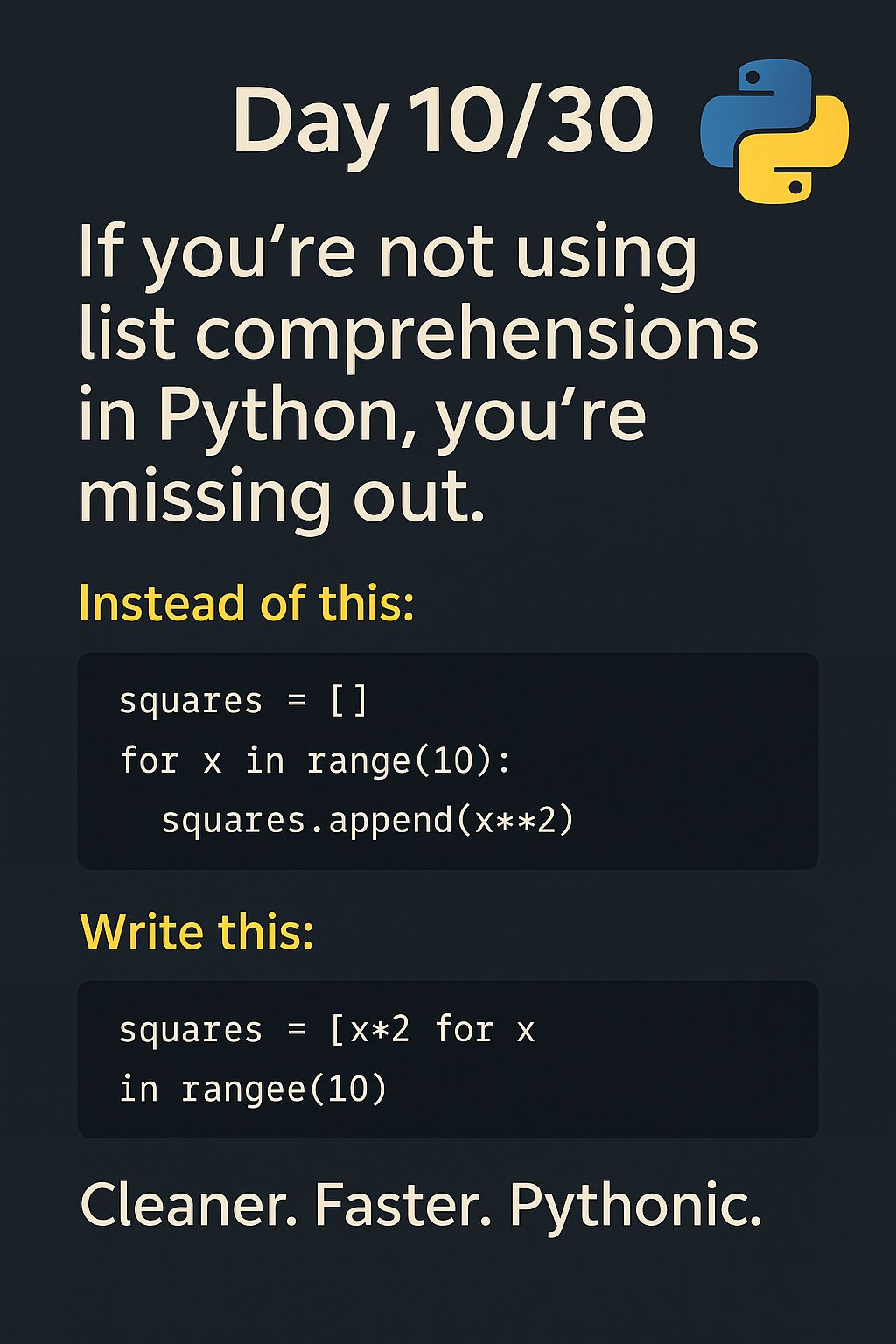 #python #100daysofcode #pythontips #pythondeveloper #listcomprehension ... #python #100daysofcode #pythontips #pythondeveloper #listcomprehension ...