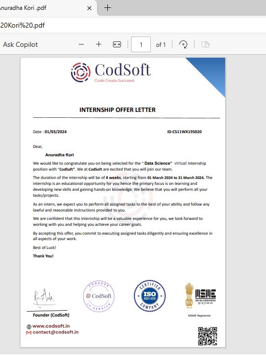 Anu Radha on LinkedIn: #datascience #internship #codsoft Anu Radha on LinkedIn: #datascience #internship #codsoft