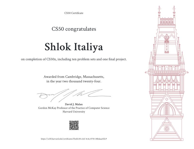 Shlok Italiya on LinkedIn: Completed the CS50x course from Harvard ... Shlok Italiya on LinkedIn: Completed the CS50x course from Harvard ...