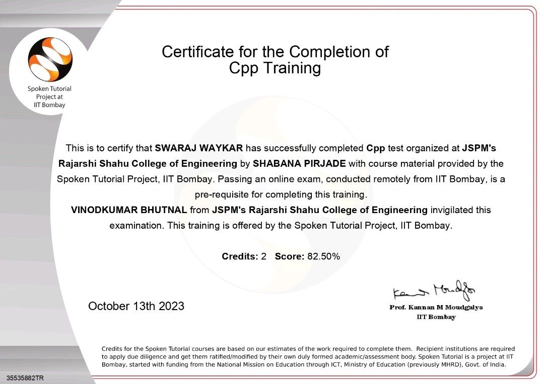 Swaraj Waykar on LinkedIn: #iitbombay #cplusplus #training Swaraj Waykar on LinkedIn: #iitbombay #cplusplus #training