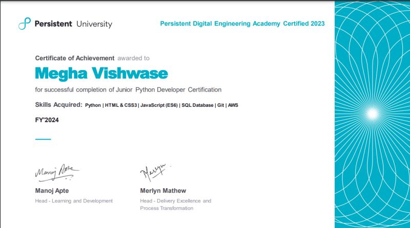 Completed Junior Python Developer Certification | Megha Vishwase posted ... Completed Junior Python Developer Certification | Megha Vishwase posted ...