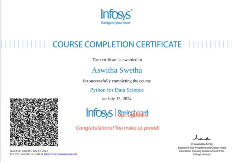 Aswitha Swetha on LinkedIn: 🎓 Successfully completed a Python course ... Aswitha Swetha on LinkedIn: 🎓 Successfully completed a Python course ...