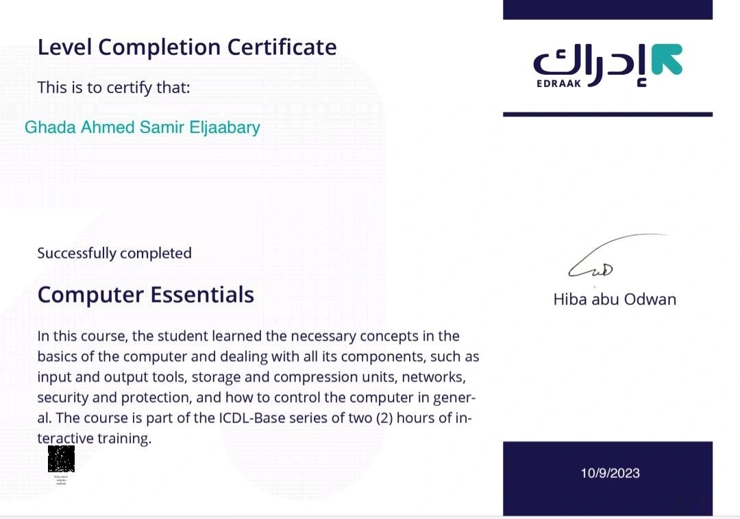 Ghada Ahmed Eljaabary on LinkedIn: #icdl #computer_essentials #edraak Ghada Ahmed Eljaabary on LinkedIn: #icdl #computer_essentials #edraak