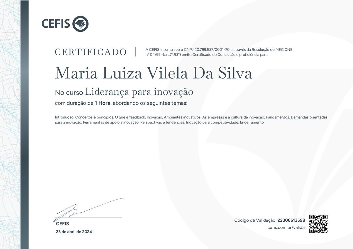 Maria Luiza Vilela no LinkedIn: Conquistei mais um certificado na CEFIS! Maria Luiza Vilela no LinkedIn: Conquistei mais um certificado na CEFIS!