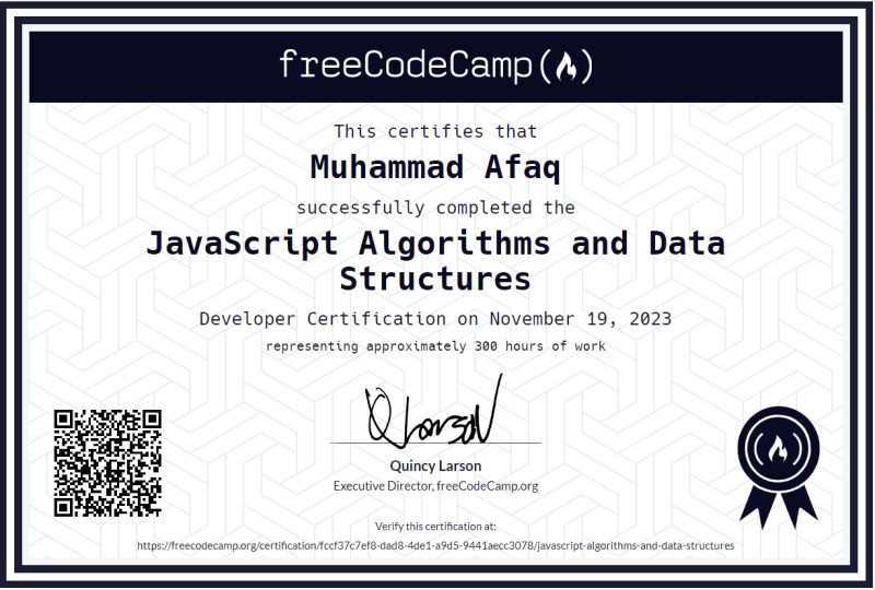 Completion of JavaScript Algorithm and Data Structure | Muhammad Afaq ... Completion of JavaScript Algorithm and Data Structure | Muhammad Afaq ...