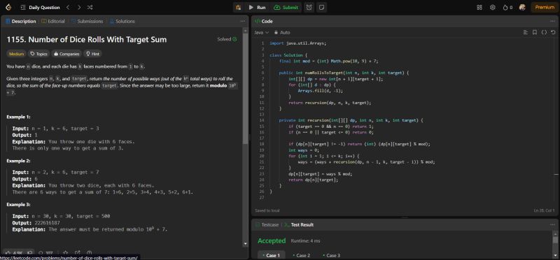 Day 37 of #100DaysOfCode: Dice Rolls with Target Sum | vaibhav Kadam ... Day 37 of #100DaysOfCode: Dice Rolls with Target Sum | vaibhav Kadam ...