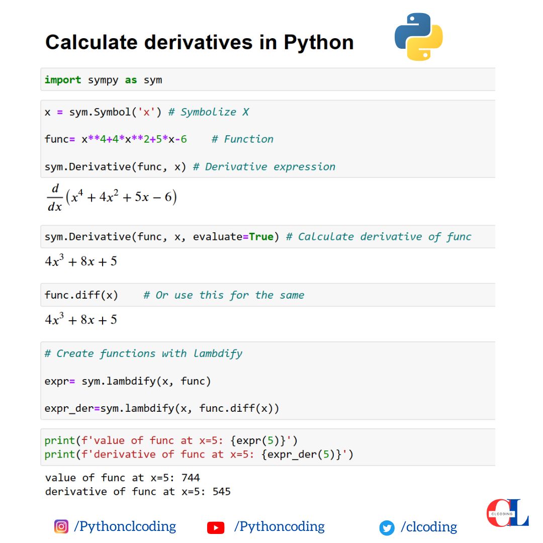 Python Coding on LinkedIn: Calculate derivatives in Python Python Coding on LinkedIn: Calculate derivatives in Python