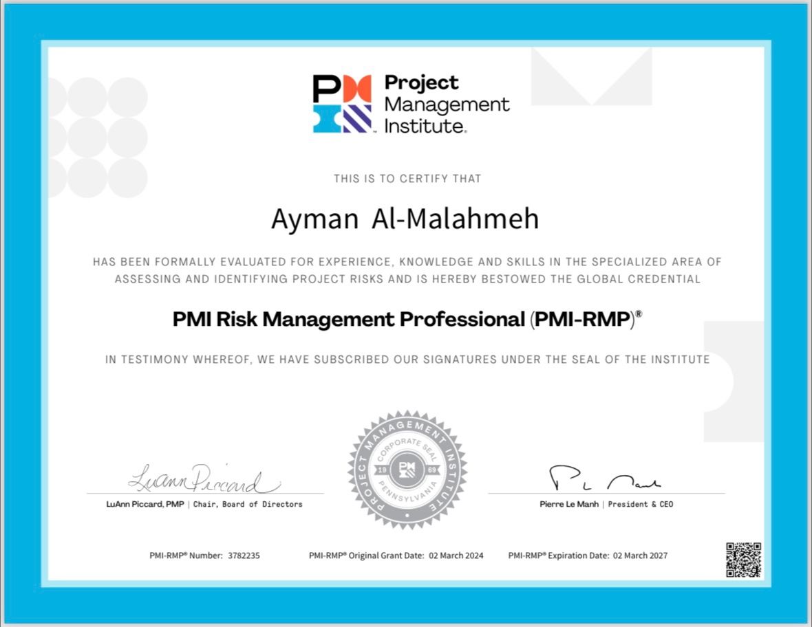 Ayman Al-Malahmeh MBA,CIA,CCM,(PMP)®, (RMP)®,CAMS,CICS,CCO on LinkedIn ... Ayman Al-Malahmeh MBA,CIA,CCM,(PMP)®, (RMP)®,CAMS,CICS,CCO on LinkedIn ...