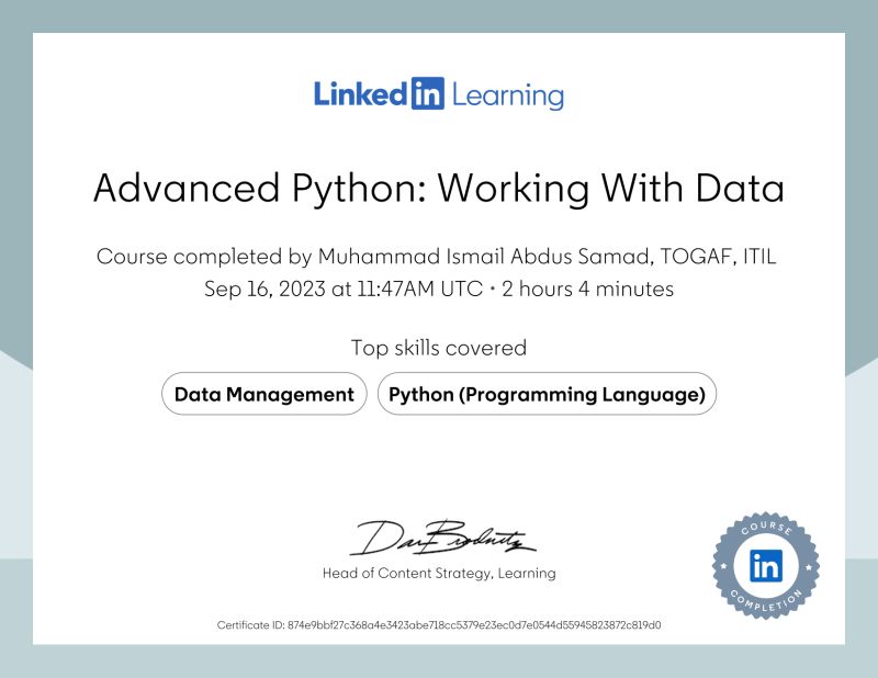 Muhammad Ismail Abdus Samad, TOGAF, ITIL on LinkedIn: Certificate of ... Muhammad Ismail Abdus Samad, TOGAF, ITIL on LinkedIn: Certificate of ...