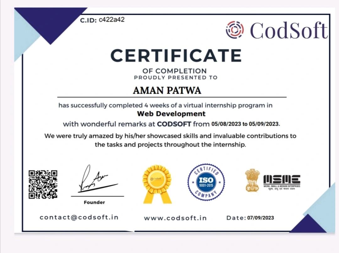 Aman Patwa on LinkedIn: #codsoft #internship #codsoft #webdevelopment # ... Aman Patwa on LinkedIn: #codsoft #internship #codsoft #webdevelopment # ...