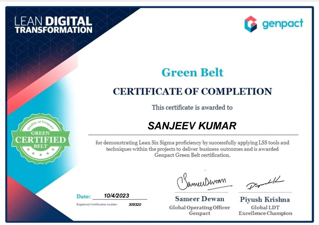 Sanjeev Kumar on LinkedIn: I have successfully completed my Green belt ... Sanjeev Kumar on LinkedIn: I have successfully completed my Green belt ...