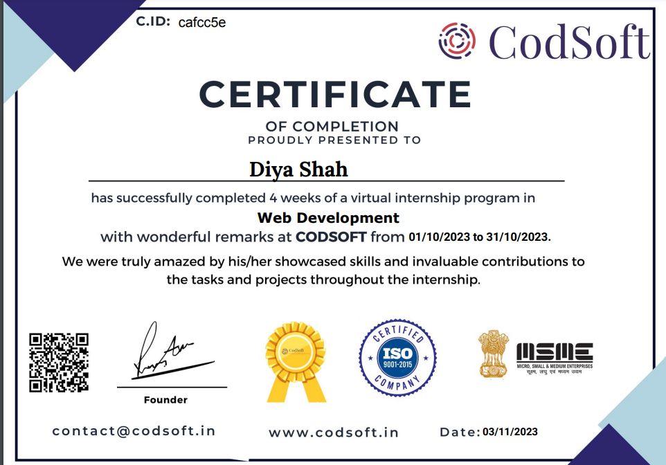 Diya Shah on LinkedIn: #webdevelopment #internship #codsoft # ... Diya Shah on LinkedIn: #webdevelopment #internship #codsoft # ...