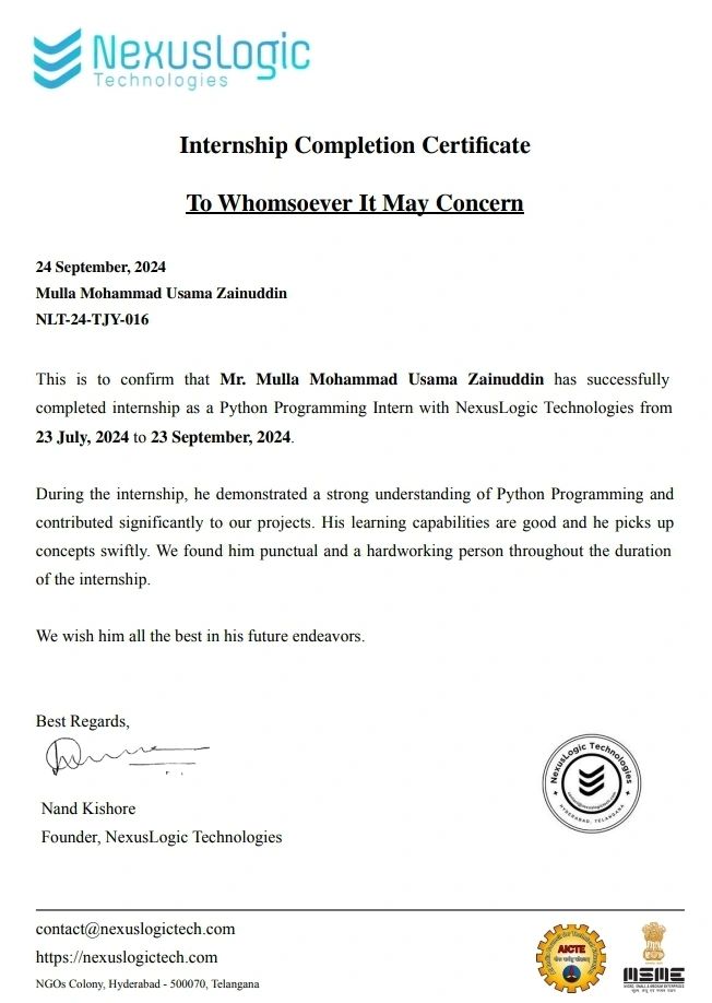 Usama Mulla on LinkedIn: #internship #python Usama Mulla on LinkedIn: #internship #python