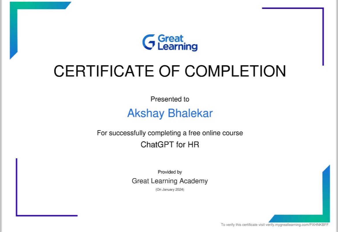 Achievement Unlocked: ChatGPT for HR Certification!🏆 I’m excited to ... Achievement Unlocked: ChatGPT for HR Certification!🏆 I’m excited to ...
