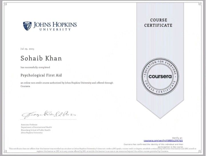 Sohaib Khan on LinkedIn: Successfully Completed Psychological First Aid ... Sohaib Khan on LinkedIn: Successfully Completed Psychological First Aid ...