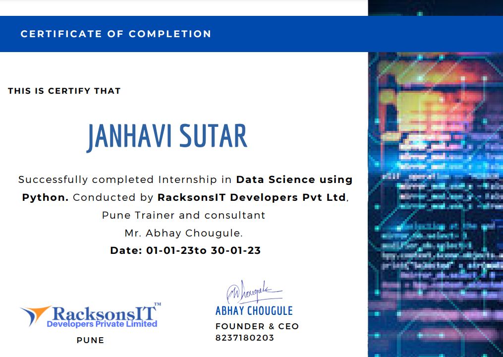 Janhavi Sutar on LinkedIn: #datascience #python #internshipcompletion # ... Janhavi Sutar on LinkedIn: #datascience #python #internshipcompletion # ...