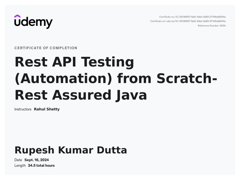 Completed Rest API Testing course on Udemy | Rupesh Kumar Dutta posted ... Completed Rest API Testing course on Udemy | Rupesh Kumar Dutta posted ...