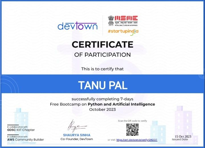 Completed Python and Artificial Intelligence Certificate | Tanu Pal ... Completed Python and Artificial Intelligence Certificate | Tanu Pal ...