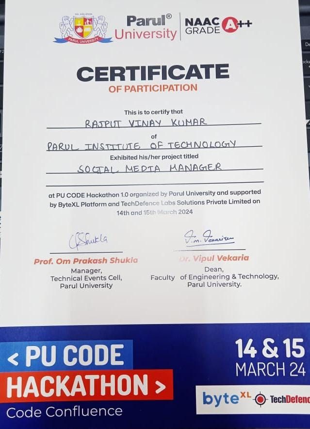 Vinay Rajput on LinkedIn: #pucodehackathon #certificate # ... Vinay Rajput on LinkedIn: #pucodehackathon #certificate # ...