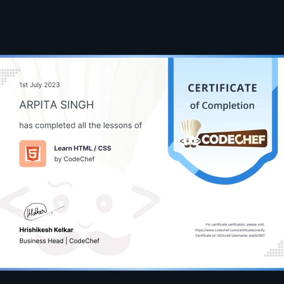 Arpita Singh on LinkedIn: Completed HTML / CSS from CodeChef Arpita Singh on LinkedIn: Completed HTML / CSS from CodeChef