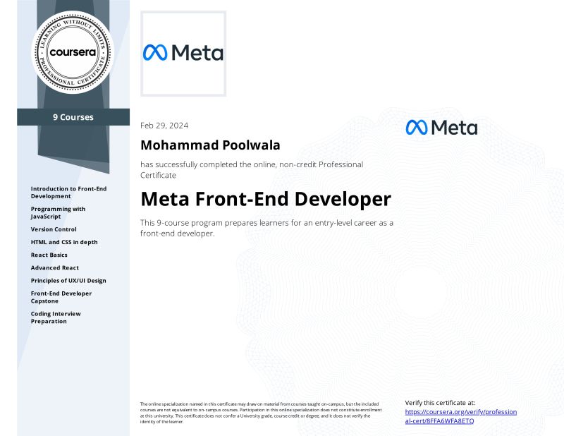mohammed poolwala on LinkedIn: #meta #frontenddeveloper #certificate # ... mohammed poolwala on LinkedIn: #meta #frontenddeveloper #certificate # ...