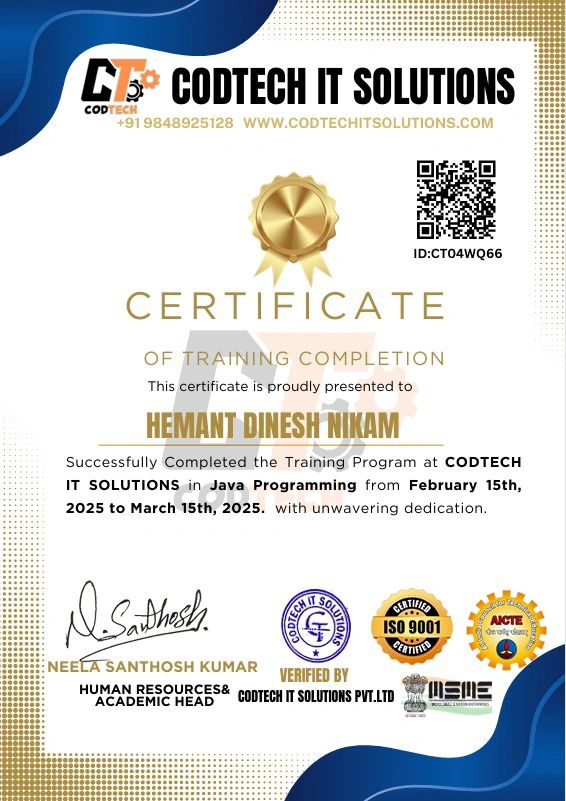 complete the java programming course in codtech it solutions | HEMANT NIKAM complete the java programming course in codtech it solutions | HEMANT NIKAM
