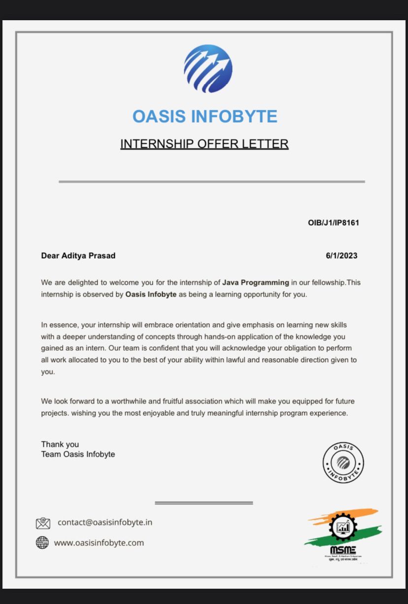 #oasisinfobyte #javaprogramming #internship | Aditya Prasad #oasisinfobyte #javaprogramming #internship | Aditya Prasad