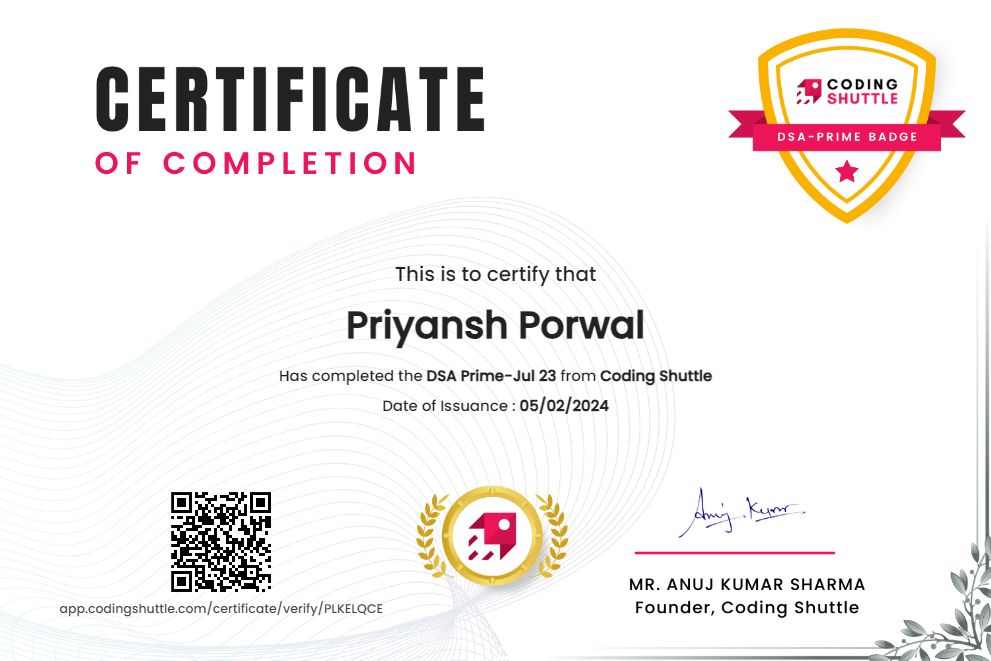 New certification: DSA Prime from Coding Shuttle | Priyansh Porwal ... New certification: DSA Prime from Coding Shuttle | Priyansh Porwal ...