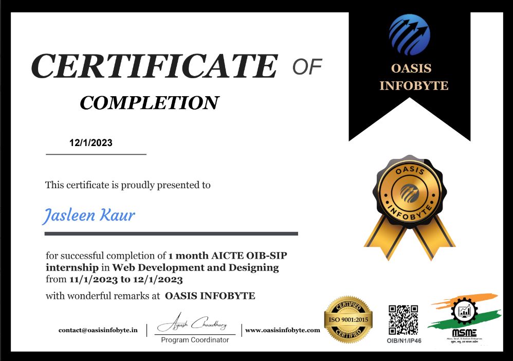 Jasleen Kaur on LinkedIn: #oasisinfobyte #internshipcompletion # ... Jasleen Kaur on LinkedIn: #oasisinfobyte #internshipcompletion # ...