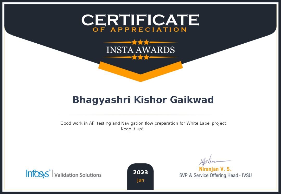 Bhagyashri Gaikwad on LinkedIn: Infosys Insta Award Bhagyashri Gaikwad on LinkedIn: Infosys Insta Award
