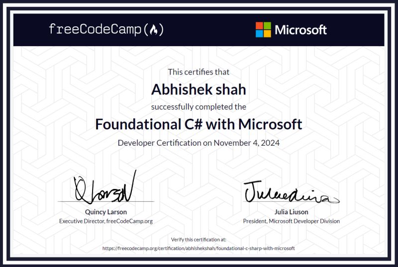 #csharp #microsoft #freecodecamp #codingjourney | Abhishek Shah #csharp #microsoft #freecodecamp #codingjourney | Abhishek Shah