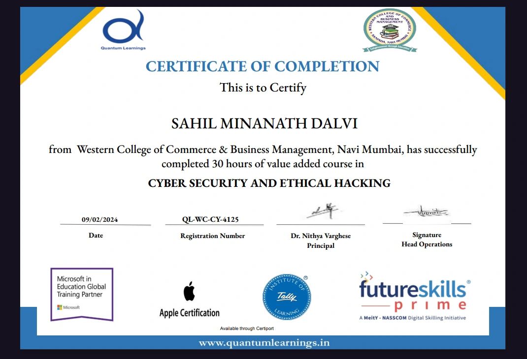 Completed Cyber Security and Ethical Hacking course | Sahil Dalvi ... Completed Cyber Security and Ethical Hacking course | Sahil Dalvi ...