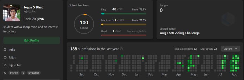 Tejjus Bhat on LinkedIn: #leetcode #milestone #problemsolving Tejjus Bhat on LinkedIn: #leetcode #milestone #problemsolving