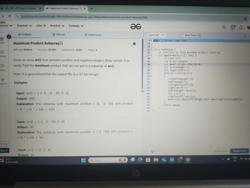 #gfg# Maximum product subarray Successfully executed | Sai Charan #gfg# Maximum product subarray Successfully executed | Sai Charan