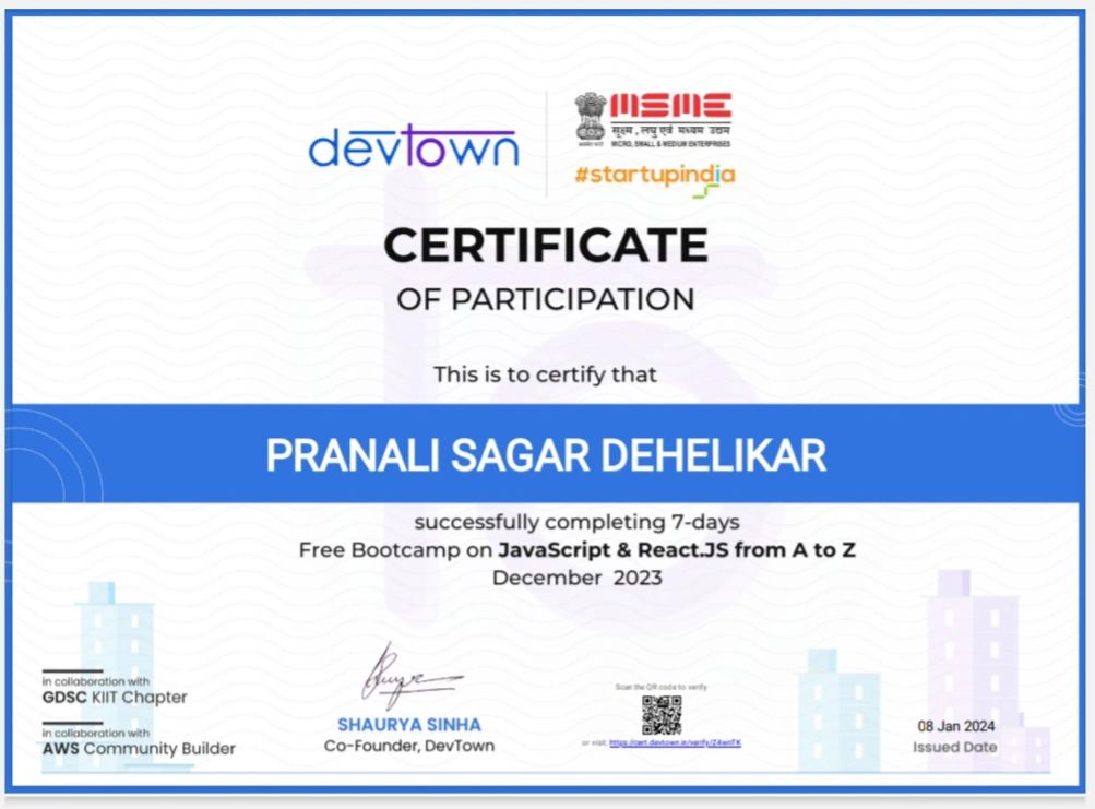#devtown #javascript #reactjs #certification | PRANALI DEHELIKAR #devtown #javascript #reactjs #certification | PRANALI DEHELIKAR