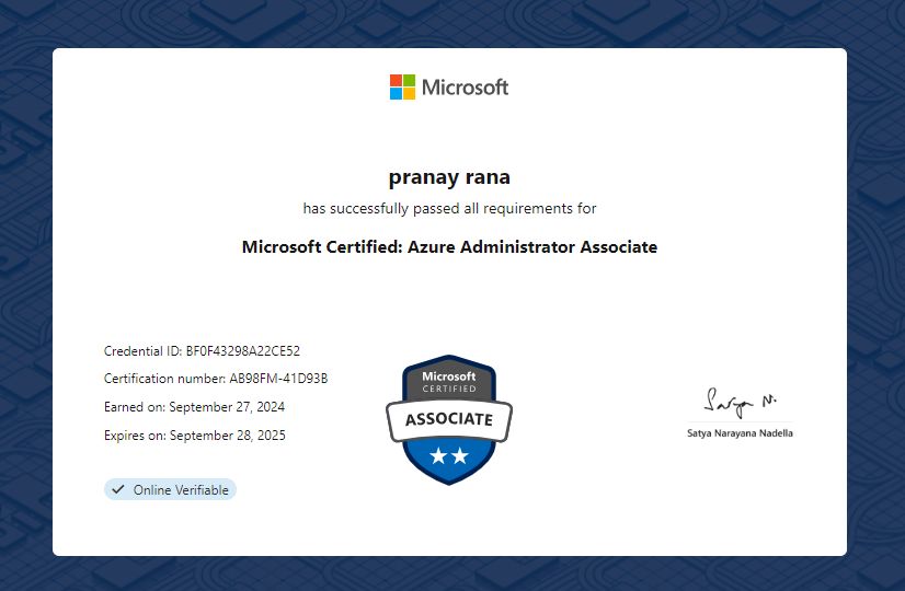 Pranay Rana on LinkedIn: Passed Az-104 certification Pranay Rana on LinkedIn: Passed Az-104 certification