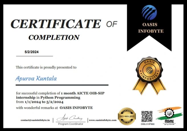 Apurva Kuntala on LinkedIn: #oasisinfobyte #pythonprogramming # ... Apurva Kuntala on LinkedIn: #oasisinfobyte #pythonprogramming # ...