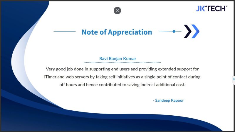 Ravi Ranjan Kumar on LinkedIn: Thank you GM Sir and JKTECH. Ravi Ranjan Kumar on LinkedIn: Thank you GM Sir and JKTECH.