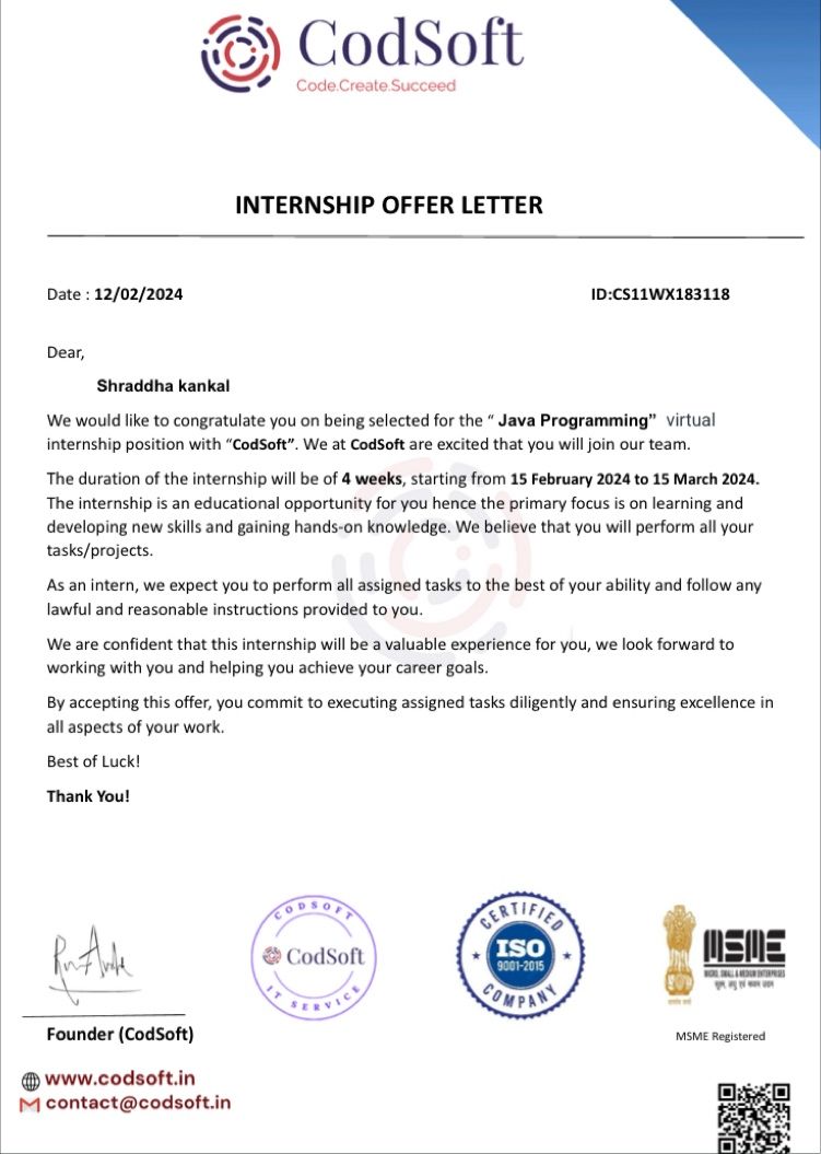 #codsoft #javaprogramming #intership #codsoft | Shraddha Kankal #codsoft #javaprogramming #intership #codsoft | Shraddha Kankal