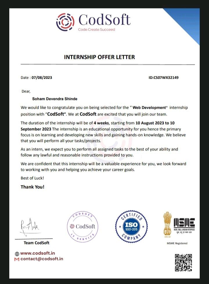 SOHAM DEVENDRA SHINDE on LinkedIn: #codsoft #intership #webdevelopment SOHAM DEVENDRA SHINDE on LinkedIn: #codsoft #intership #webdevelopment