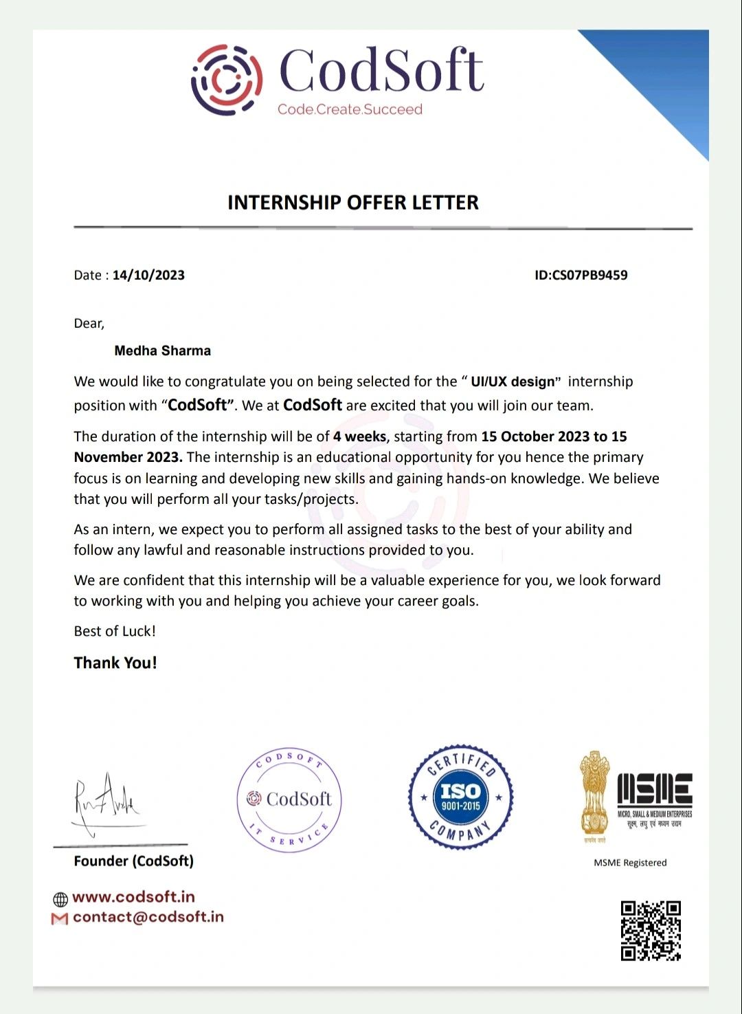 Medha Sharma on LinkedIn: #newbeginnings #internlife #codsoft #internship Medha Sharma on LinkedIn: #newbeginnings #internlife #codsoft #internship