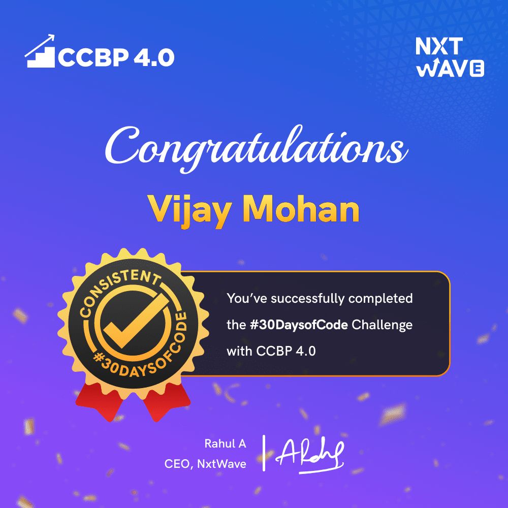 #30daysofcode #consistency #codingchallenge #30daysofcode… | vijay mohan #30daysofcode #consistency #codingchallenge #30daysofcode… | vijay mohan